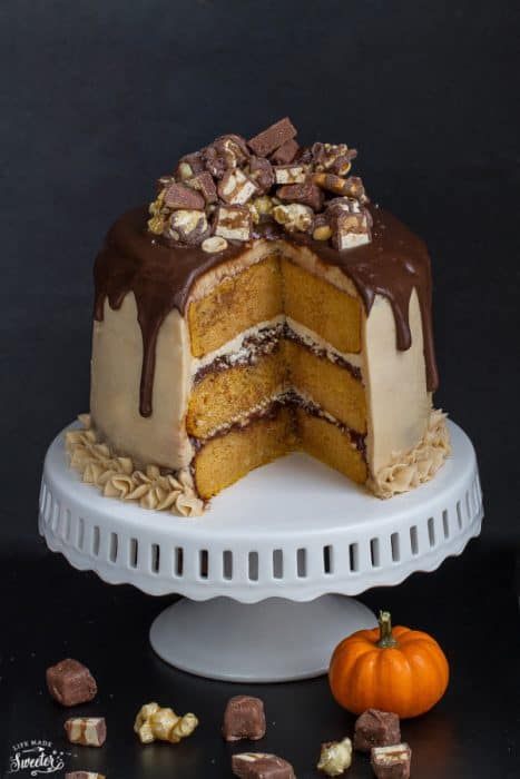 Pumpkin Snickers Layer Cake with Salted Caramel Frosting